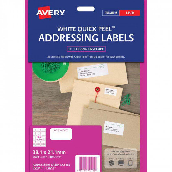 Avery Addressing Labels L7651 White 65 Up 40 Sheets Laser 38.1×21.2mm ...
